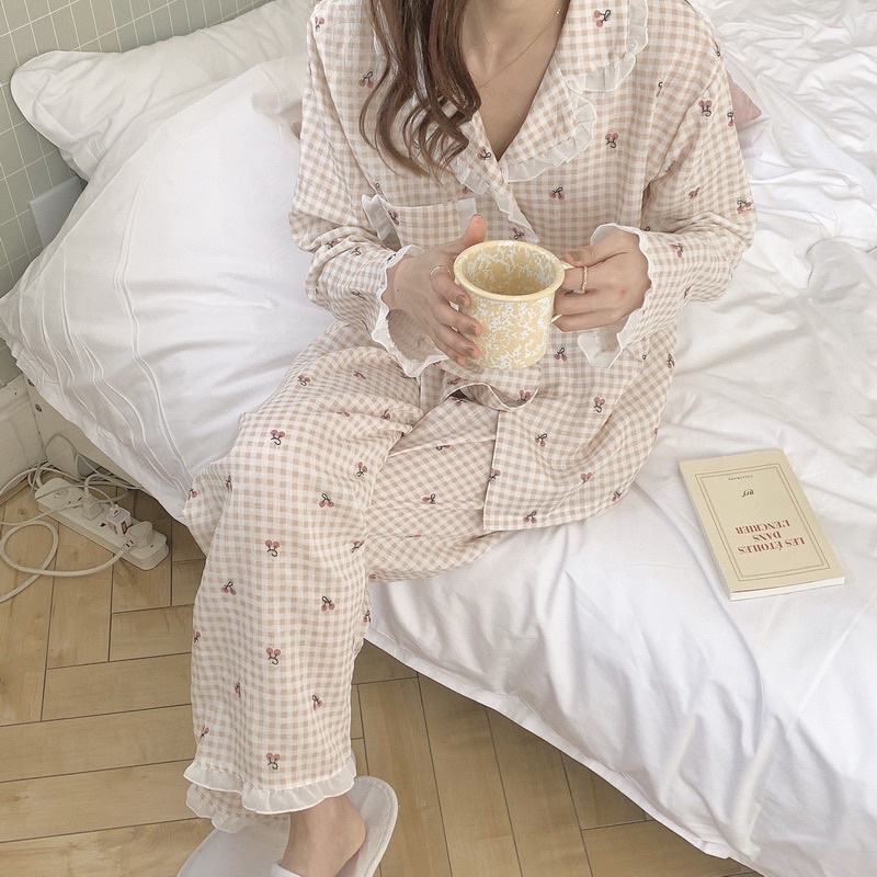 (READY) Beige checkered pajamas with cherry floral border (real photo ...