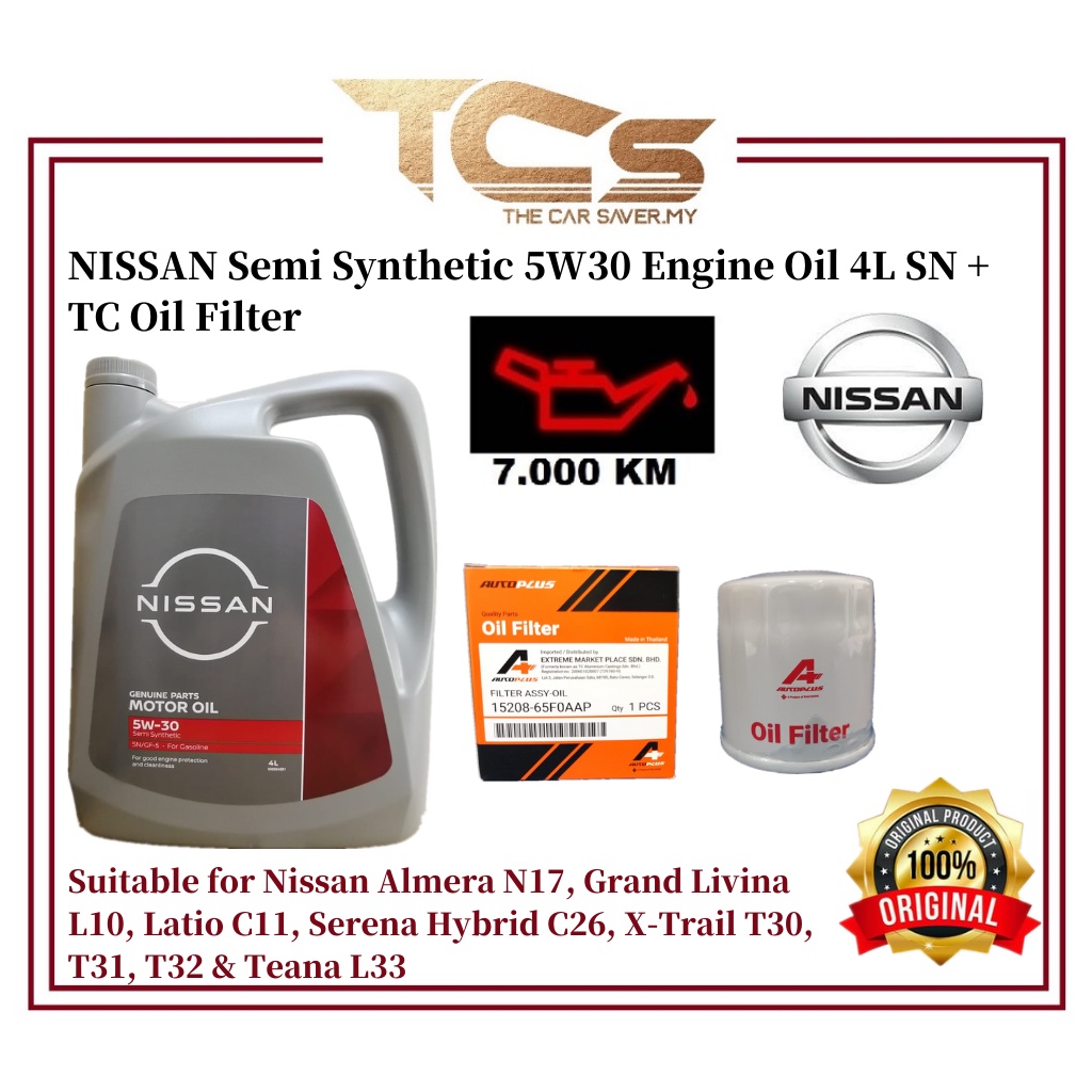 NISSAN Semi Synthetic 5W30 Engine Oil 4L SN( NEW) + TC Oil Filter ...