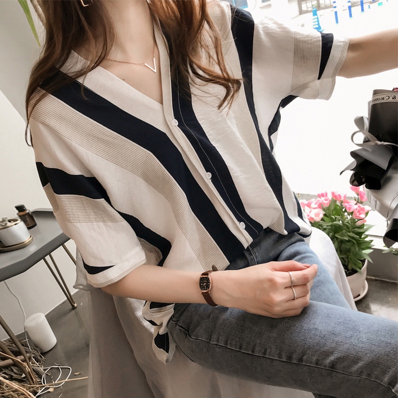New Fashion Loose Large Size V-neck Striped Shirt Women's Short Sleeve ...