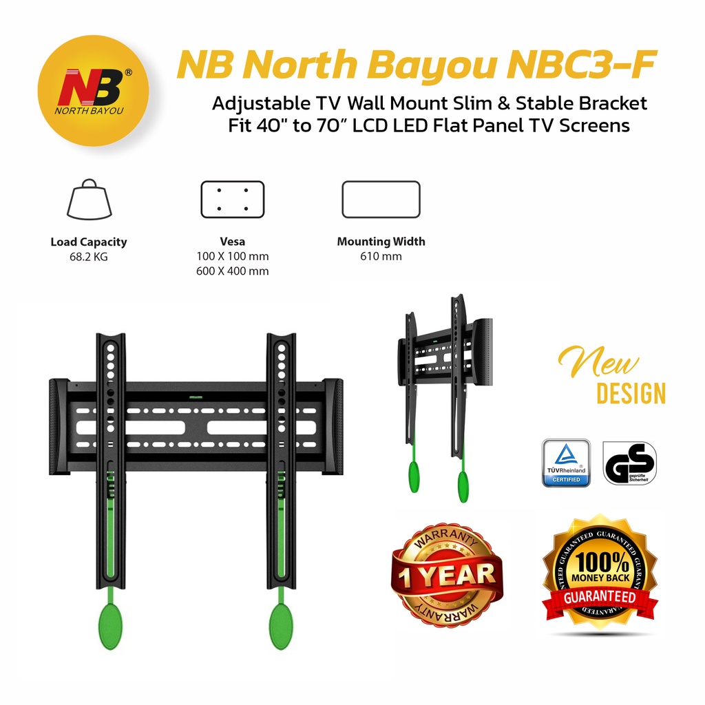 NB North Bayou NBC3-F Flat Panel Fixed Mount Wall Mount (40”-70 ...