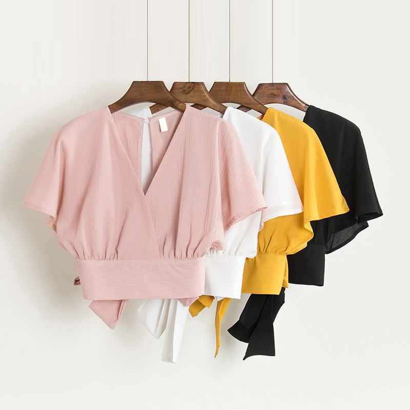 new summer crop tops women sexy v-neck Backless short blouse chiffon ...