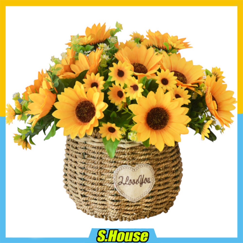 Sun Flower Basket Vase Rattan Fake Bouquet Light Floral Gubah Pokok ...