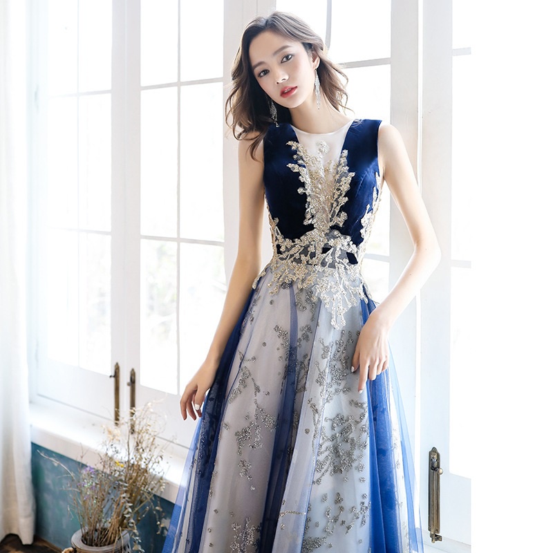 Elegant Gradient Blue Sequins Banquet Evening Dress Temperament Ladies ...