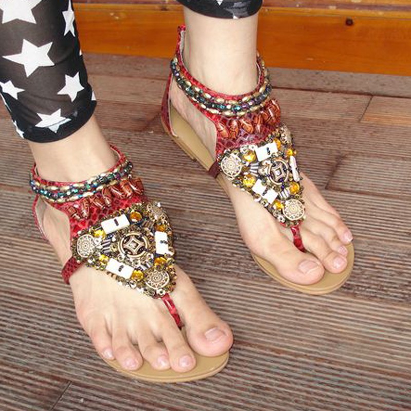 Ethnic Style Kasut Women's Flat Retro Beaded Causal Sandal | Shopee ...