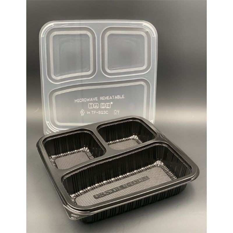 3 Compartment (btb 3cn -btm) Lunch Box (50pcs) Premium Disposable Black ...