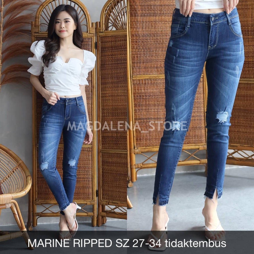 Women's Long RIPPED JEANS MARINE JEANS RIPPED Not See Through | Shopee ...