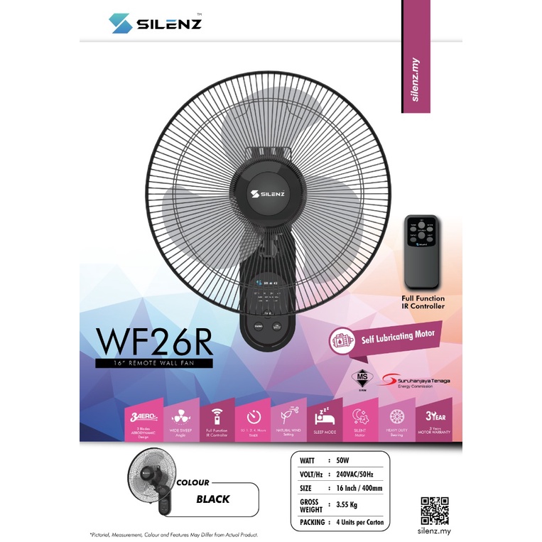 [SIRIM] Silenz / SFL / Eurowind Remote Control Wall Fan 16 Inch 3 ...