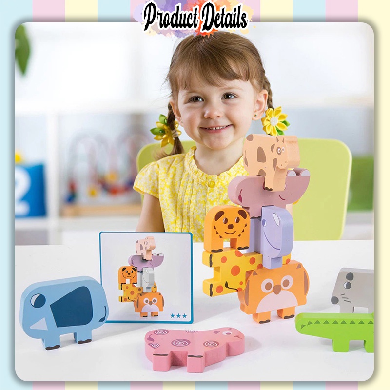 [Little B House] Wooden Colorful Animal Balance Stacking Montessori ...