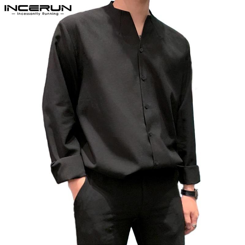 INCERUN Men's Casual Long Sleeve V Neck Buttons Up Loose Style Fashion ...