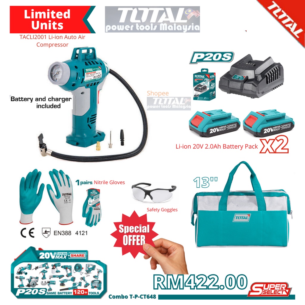 TOTAL TACLI2001 Li-ion Auto Air Compressor + 2 pcs Batteries & Charger ...