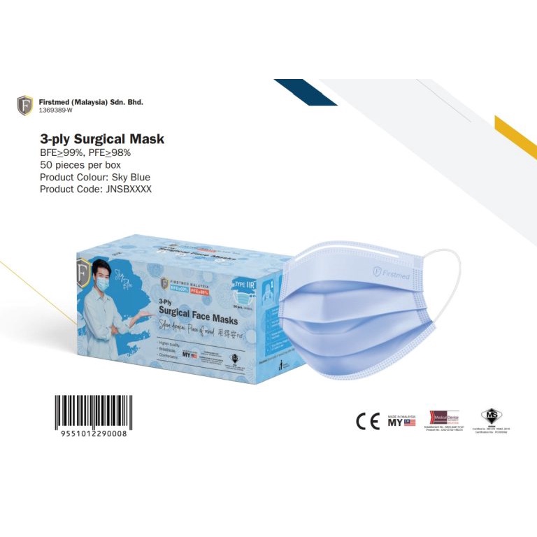 Firstmed SIRIM Approved & Certified Medical 3-ply Mask (50's) - Sky ...