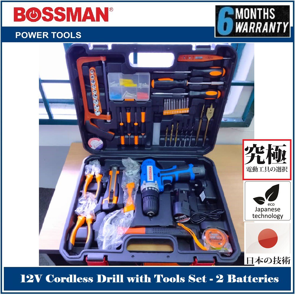 BOSSMAN 12V Lithium-lon Cordless Drill with 2 Batteries & Tools Set ...