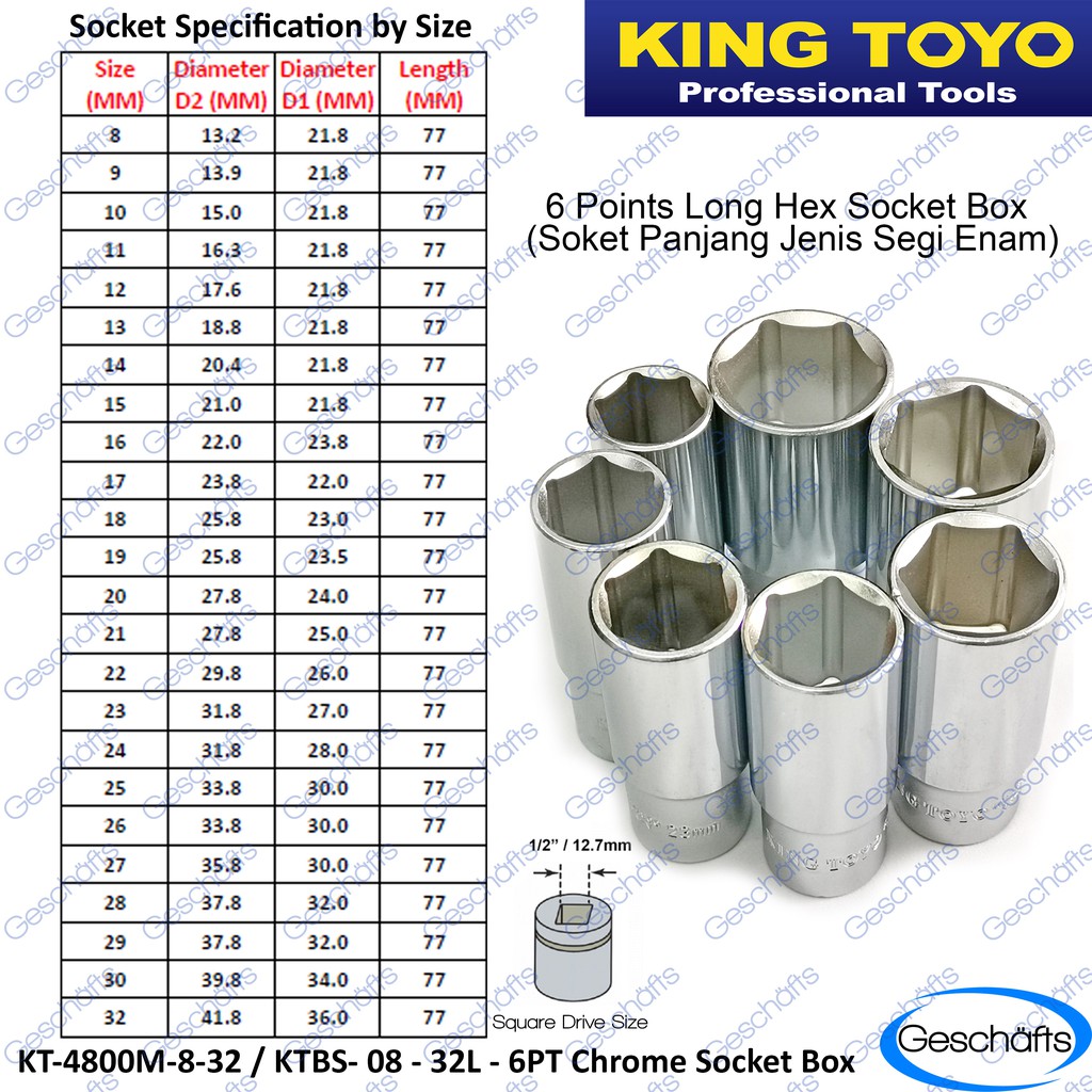 King Toyo Tools Socket Box Spanar Box Soket Deep Length Chrome 6PT 8mm ...
