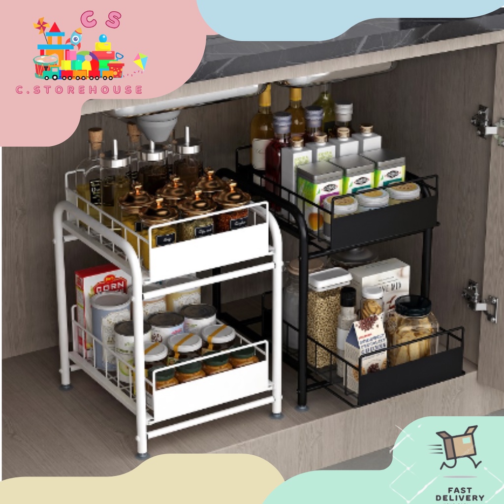 Under Sink Rack Kitchen Full Steel Sliding Cabinet Rak Dapur Basket ...