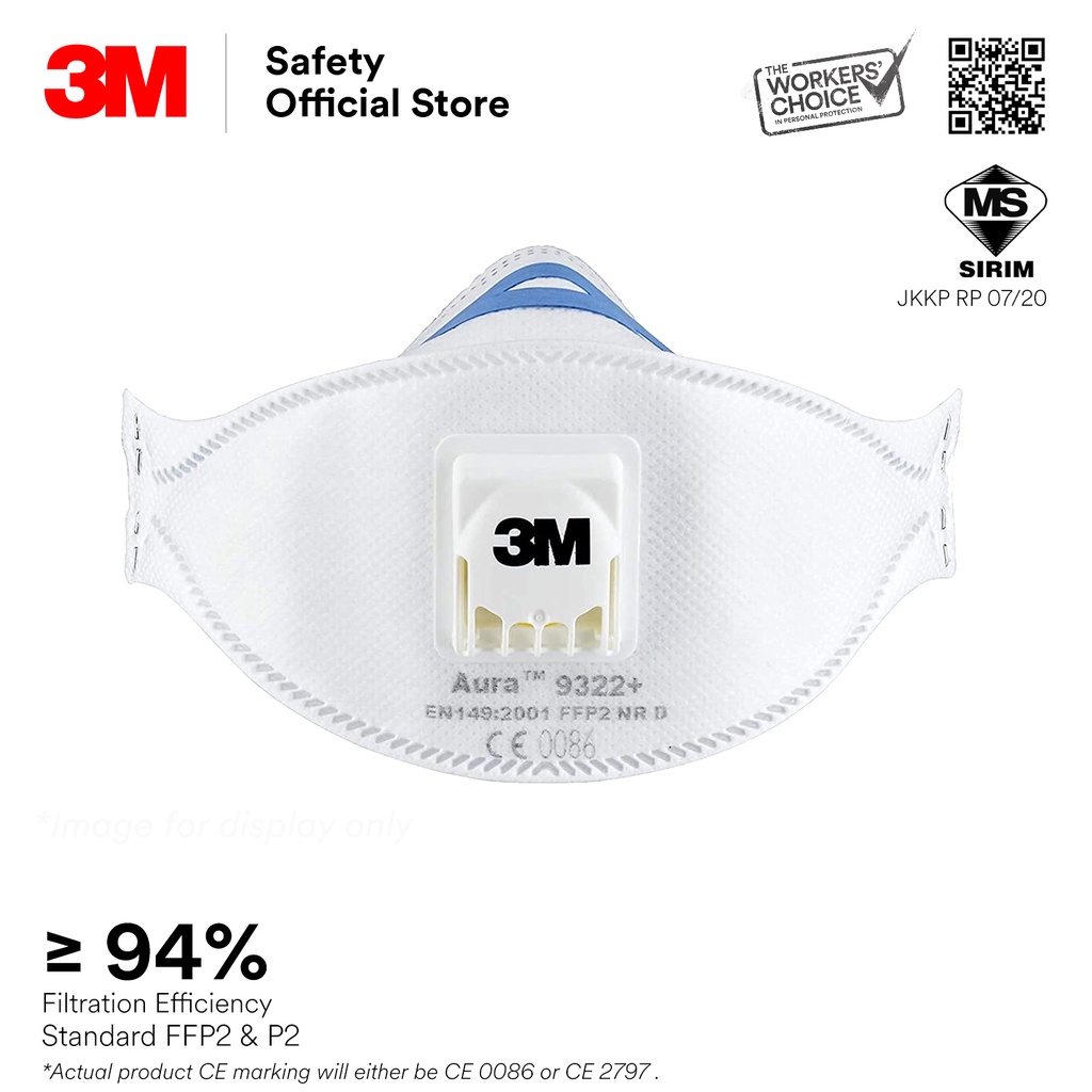 3M™ Aura 9322A+ Premium FFP2 & P2 Particulate Disposable Respirator/Similar to N95/ Individual ...