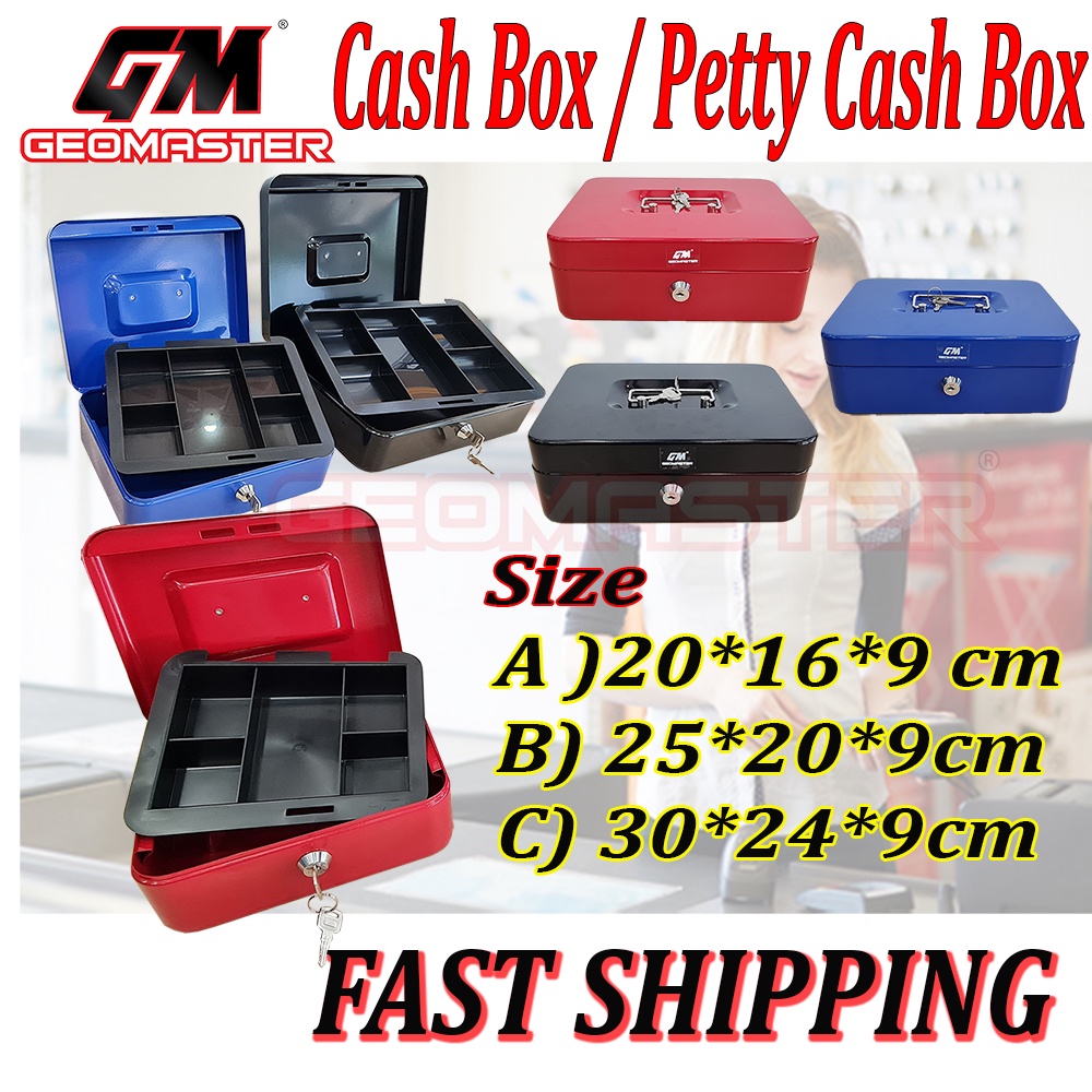 GEOMASTER Cash Box , Petty Cash Box 20cm / 25cm / 30cm Key Lockable Metal Box / Kotak Wang ...