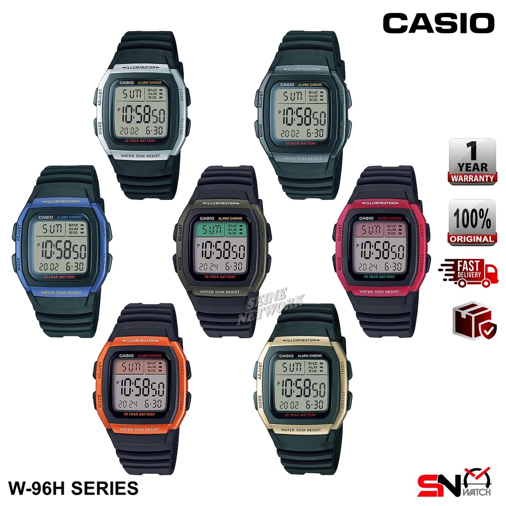 Casio W-96H 10-Year Battery Life Square Face Digital Resin Band Unisex Sports Watch Jam Tangan ...