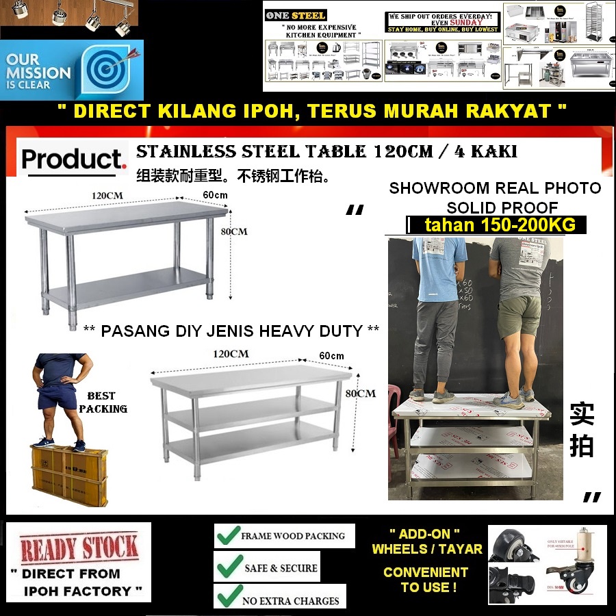 MEJA BUDGET STAINLESS STEEL 120CM/4 KAKI. WORK TABLE WORK BENCH /MEJA ...