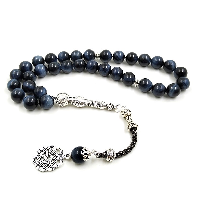Prayer Beads Natural Lake Blue Tiger Eye Tasbih Metallic Silver Tassel ...