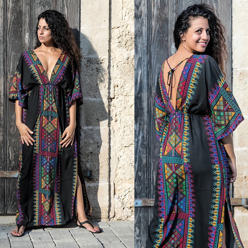 Beach Dress Kaftan Batik New Cotton Deep V-neck Loose Maxi Dress Large ...