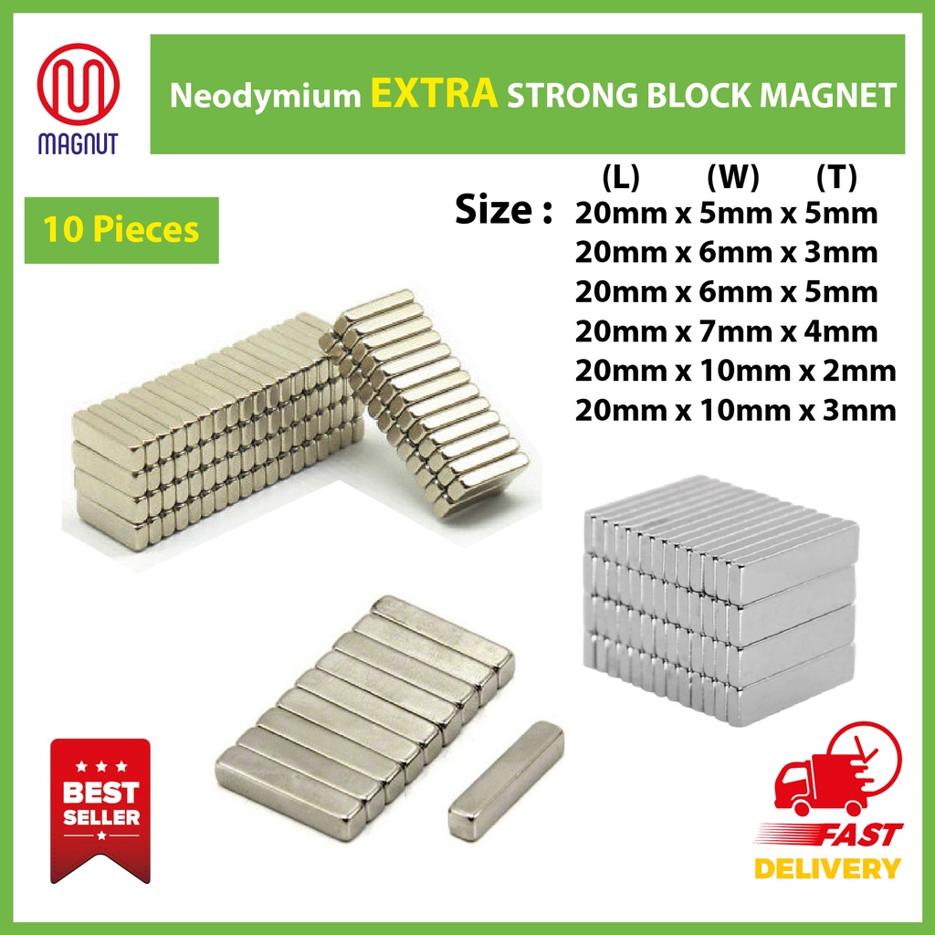 10pcs 20mm(L) VARIOUS SIZE Rectangular magnet Neodymium strong block ...