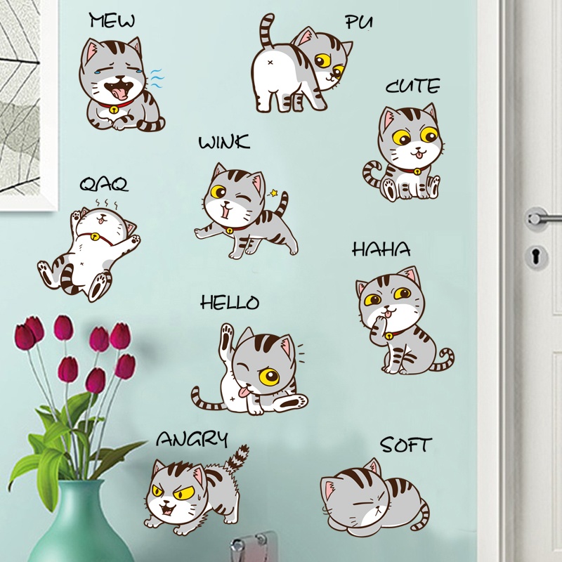 Cartoon Cat PVC Wall Sticker / Baby Nursery Room Waterproof DIY Wall ...