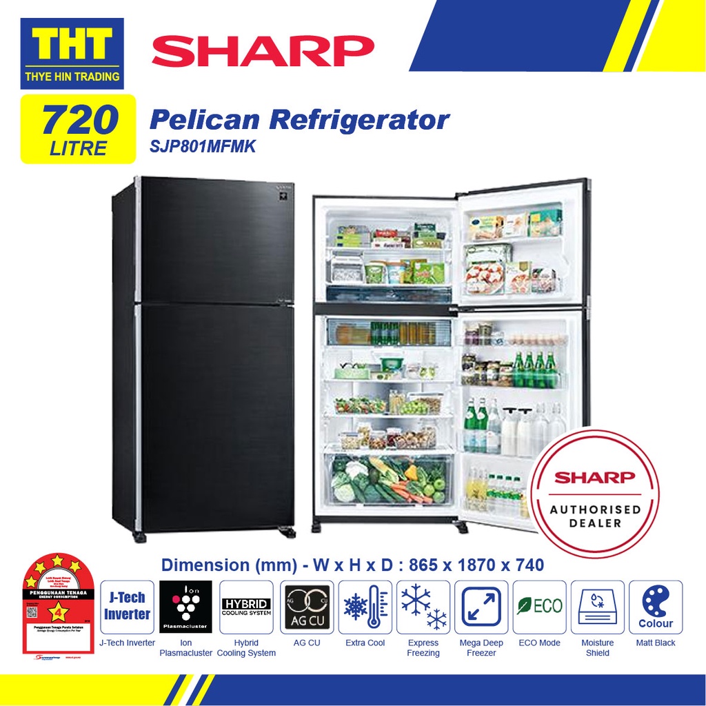Sharp 720L Pelican Inverter Refrigerator SJP801MFMK (Matte Black ...