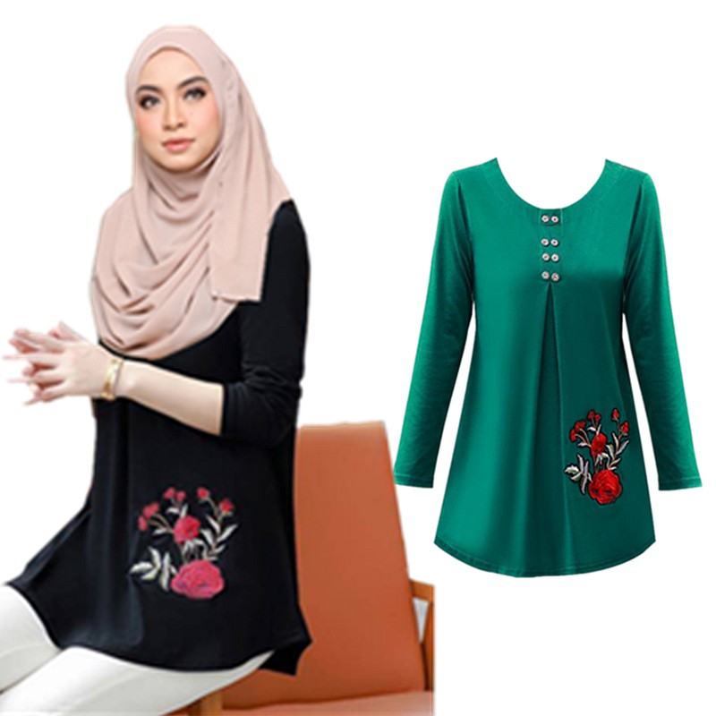Muslimah Floral Embroidery Tunic Baju Tunic Blouse Labuh Long Sleeve ...