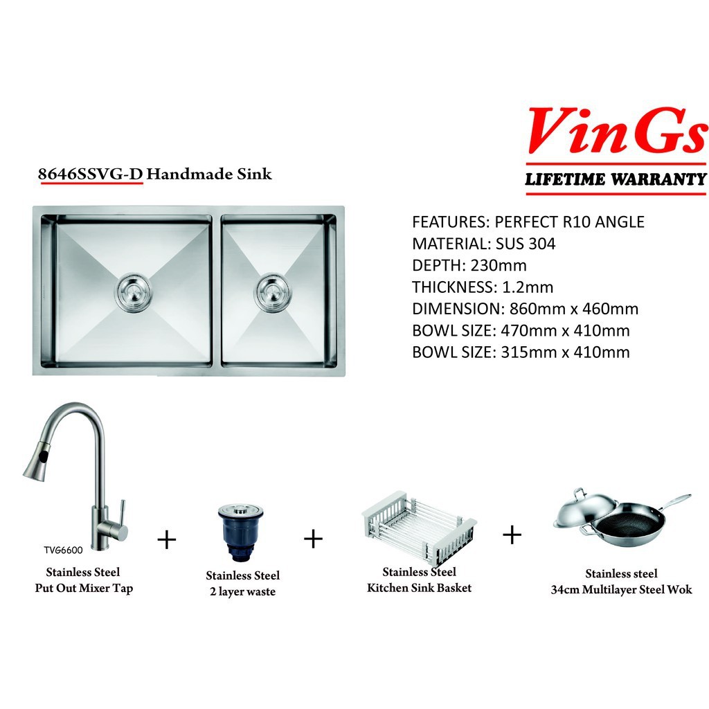 8646SSVG-D VinGs 304 Stainless Steel Double Handemade Kitchen Sink ...