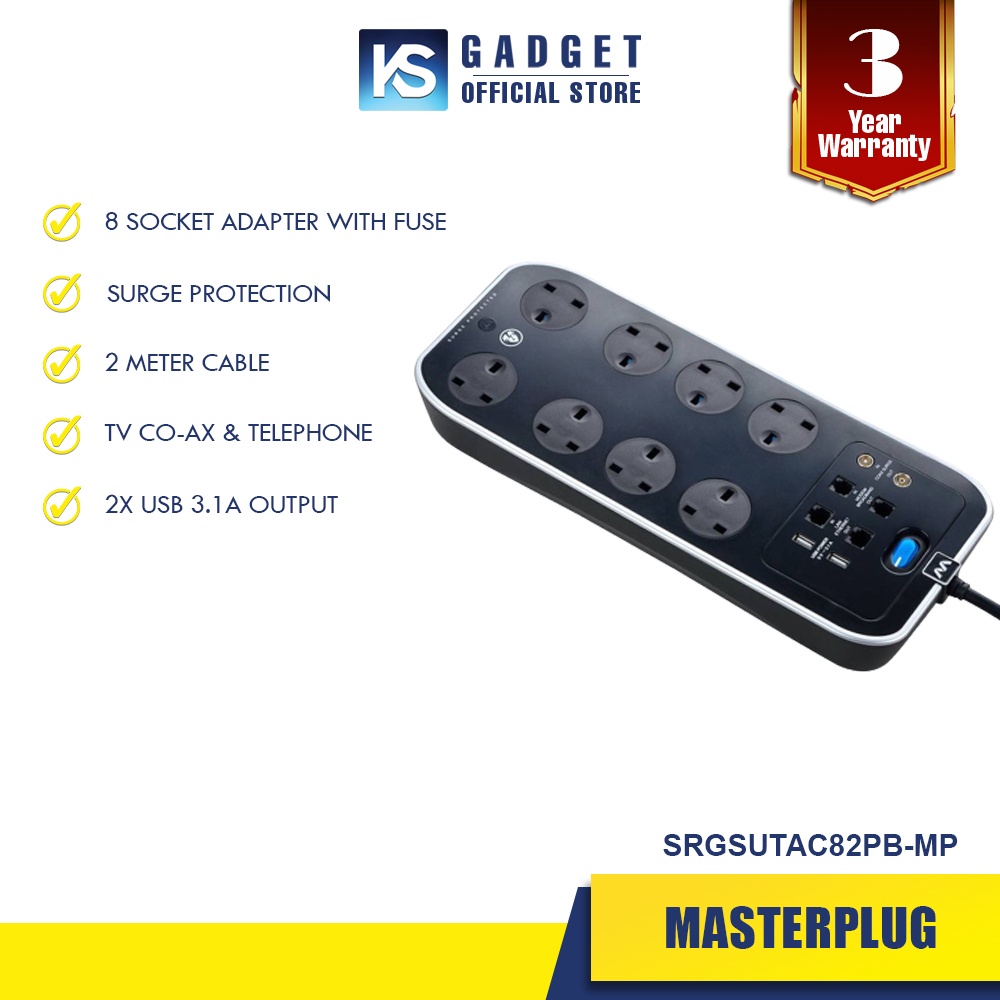 MASTERPLUG SURGE PROTECTOR 8 GANG 2 USB (3.1A) 2 METER EXTENSION LEADS ...