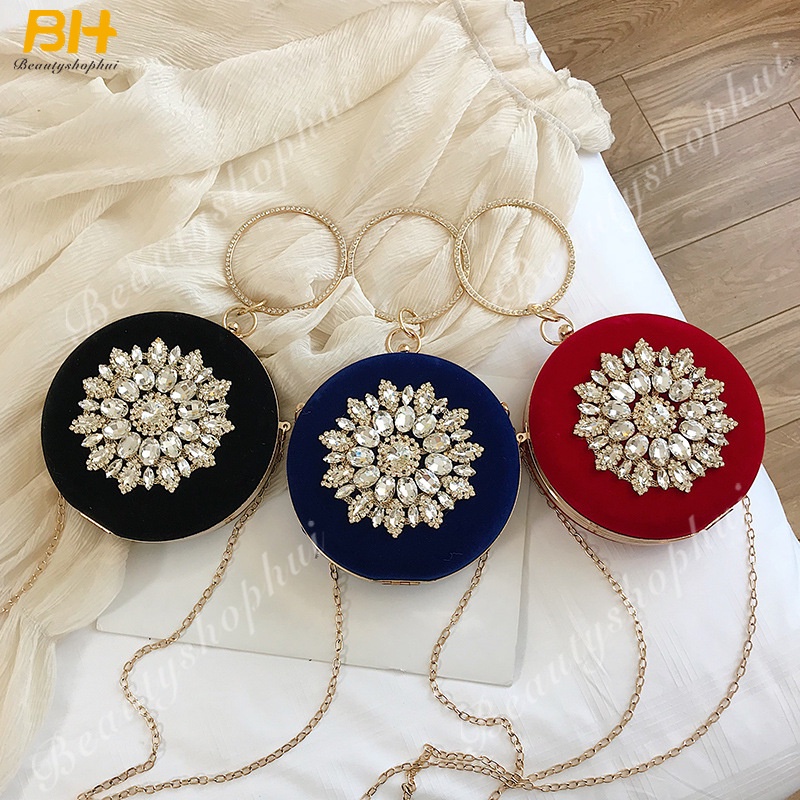 Women Rhinestone Dinner Bag Chain Velvet Red Small Round Bags Elegant ...