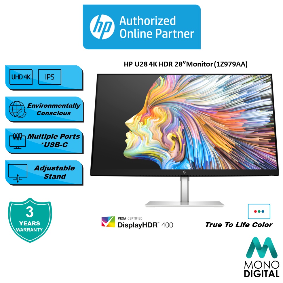 HP Monitor U28 4K HDR 28" Monitor - IPS/ 4K UHD/ 4MS GtG/ 60Hz/ Adjustable Stand/ USB-C (1Z979AA ...