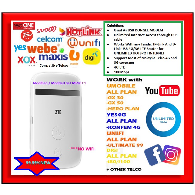 Modded / Modified Unlocked ZTE MF90 / MF90+/MF90C1 Unlimited Internet ...