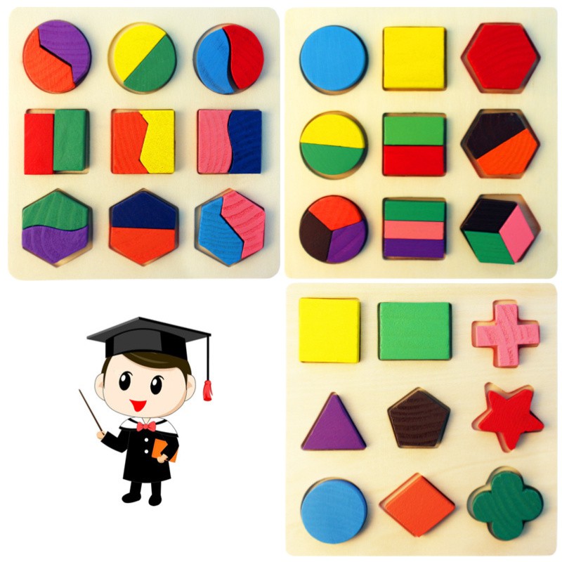 [READY STOCK]Wooden Puzzle Geometric Sorting Shapes Sorting Puzzle Kids ...