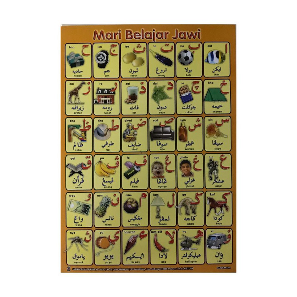 Poster Belajar Pembelajaran Abc, Alif Ba Ta, 123, Jawi (Poster Kad ...