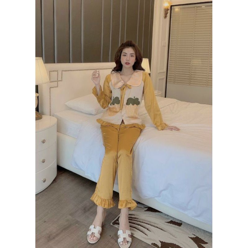 Long-sleeve Silk Satin Pajama Set with 5D Printed Pattern and Ruffles In 4 Colors X094 | Shopee ...