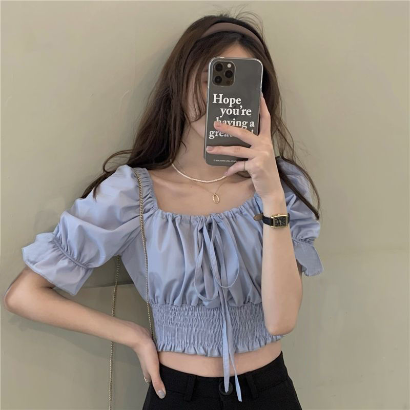 Women's new Korean summer 2021 belted puffy sleeve crop top | Shopee ...