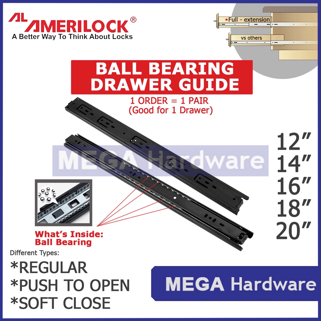 AMERILOCK Drawer Guide Ball Bearing Full Extension, Drawer Slide (Push ...