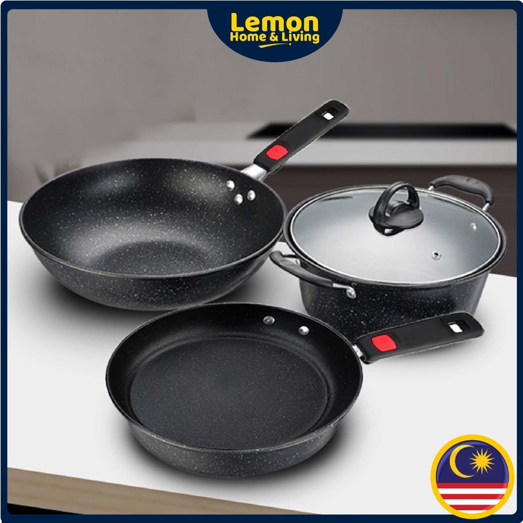 🍋 3 in 1 Mai Fan Stone Non-stick Cookware Set Wok Pan Pot Set Periuk ...