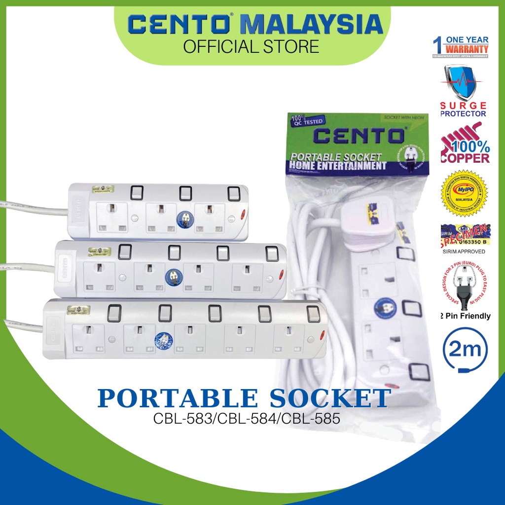 CENTO 3 Pin Portable Socket outlet/Extension/Power Socket 2 Meter/5 ...