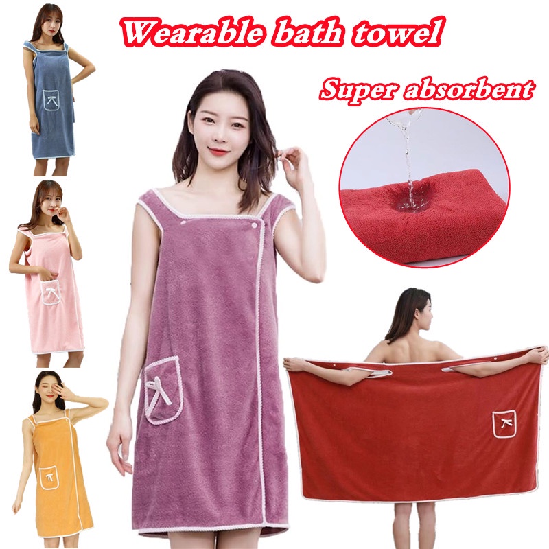 Microfiber Wearable Bath Towel With Pocket Absorbent Women Bathrobe Solid Color Sling Bath ...