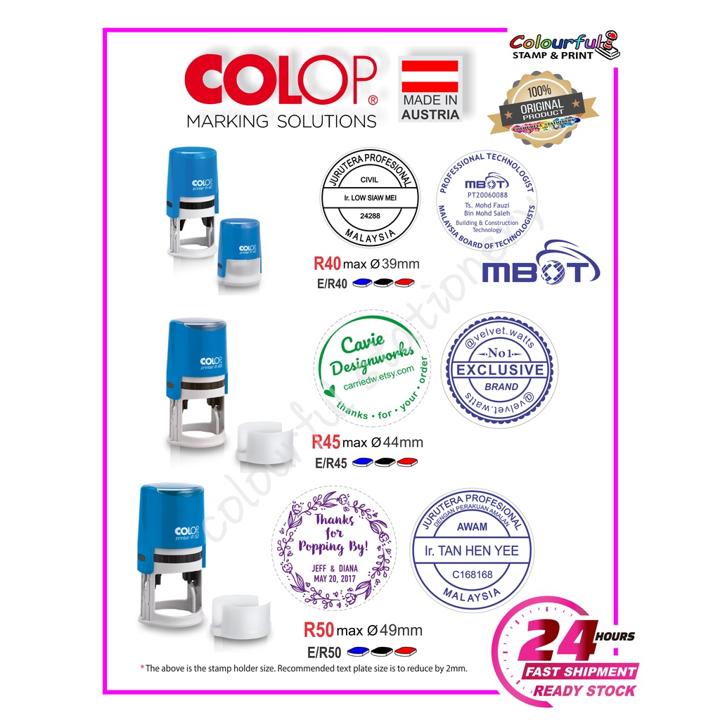 COLOP New Round Self-Inking Rubber Stamp R40,R45,R50. 100% Original (Hospital, Office, School ...