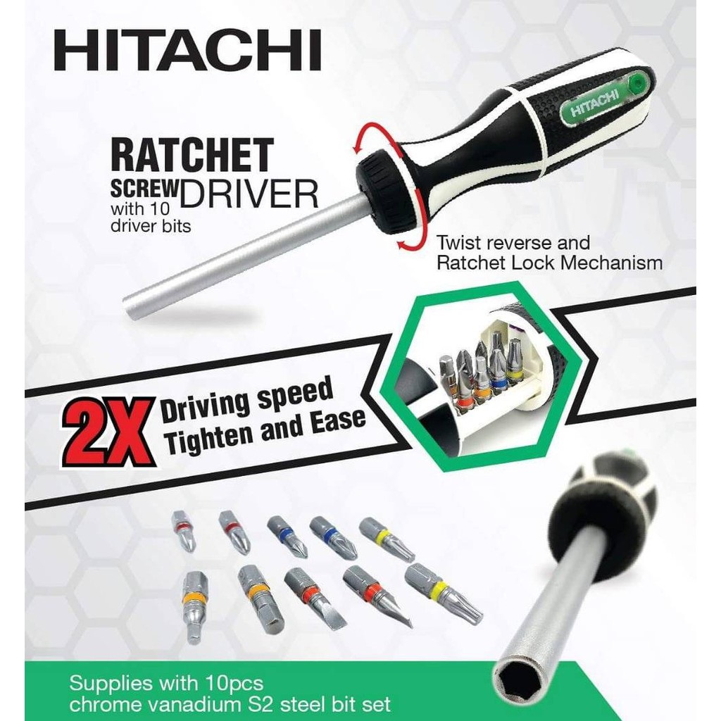 Hitachi 402519 Ratchet Screwdriver Set with 10 Screw Bits | Shopee Malaysia
