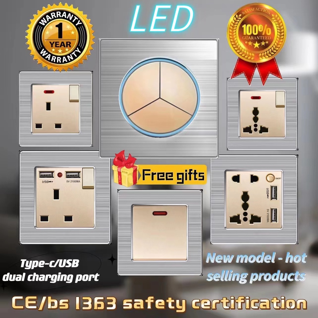 [Stainless Steel/Gold] 13A Wall Mounted Household Power USB Socket/16A ...