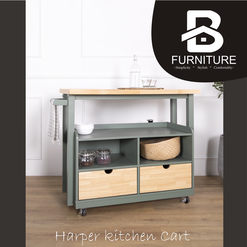 Kitchen Cart with Solid Rubber Wood Top Portable Kitchen Island Shelf ...