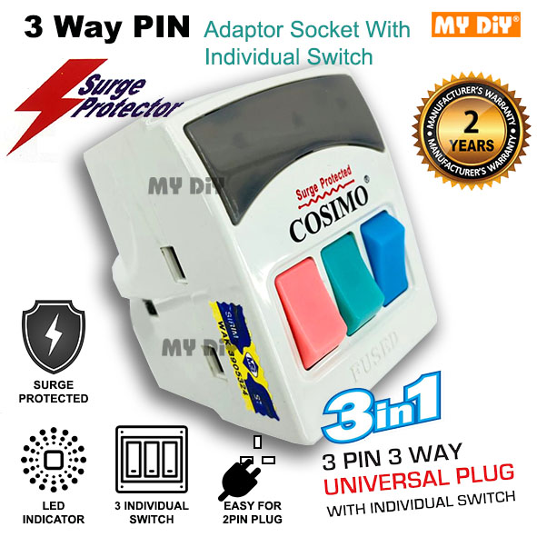 MYDIYHOMEDEPOT - Cosimo 13AMP 3 way adaptor with neon switch and surge ...