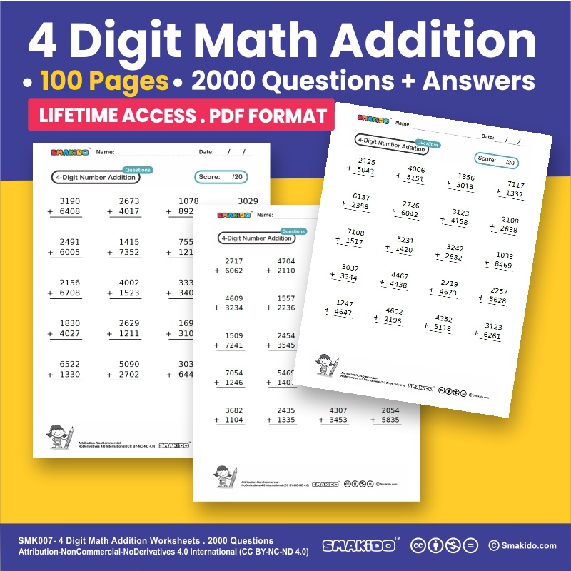 2000 Questions- 4 Digit Math Addition Worksheets | 100 Pages ...