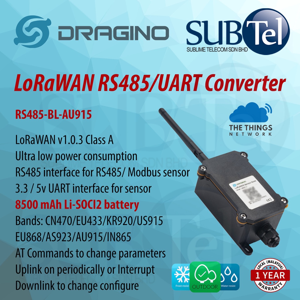 DRAGINO RS485-BL-AU915 LoRaWAN RS485/UART Converter RS485-BL LoRa WAN TTN The Things Network IoT ...