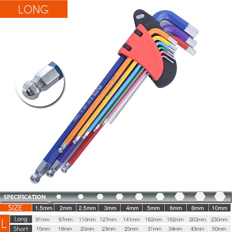9Pcs 1.5mm-10mm Color Coded Ball-End Hex Allen Key L Wrench Set Torque Long Metric With Sleeve ...