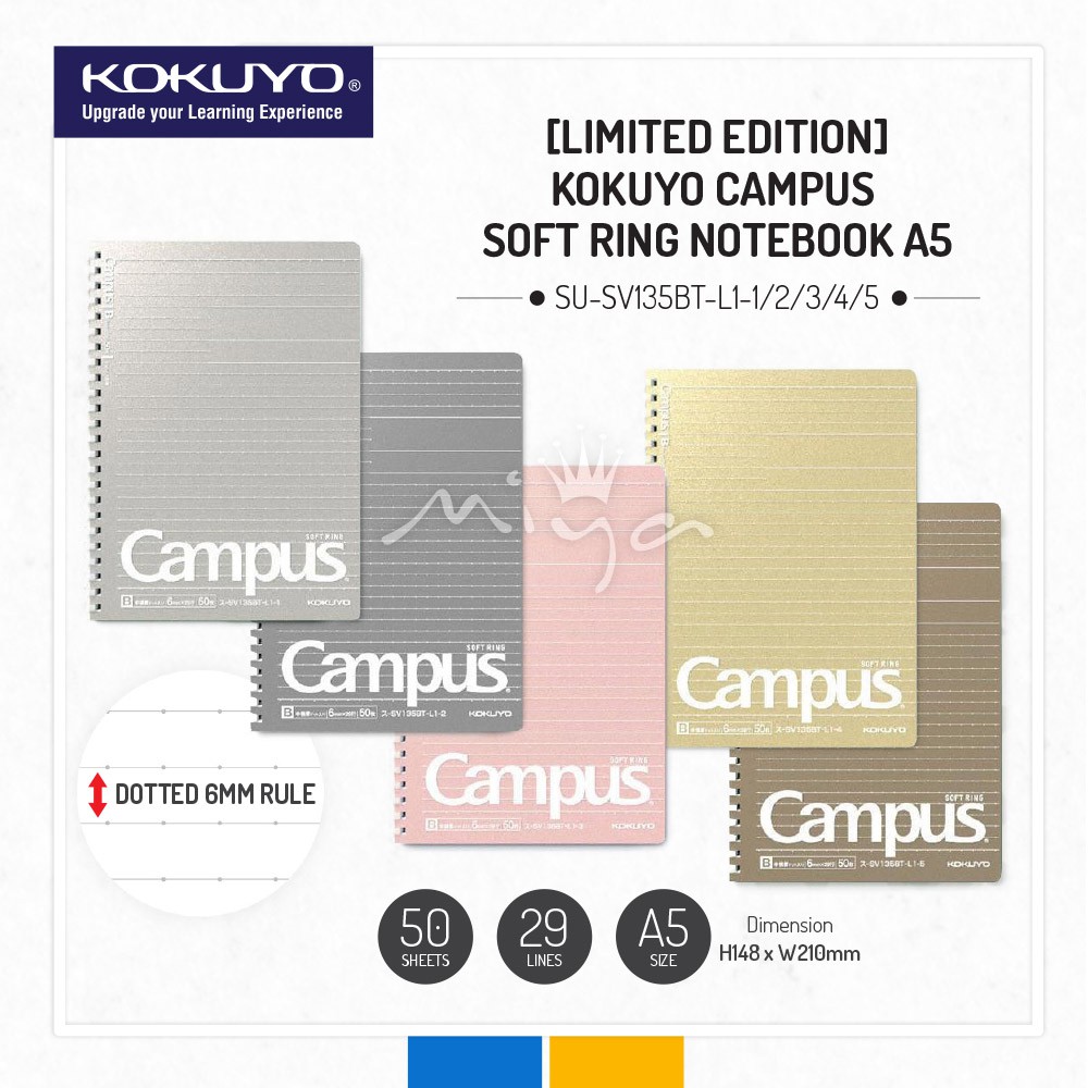 [LIMITED EDITION]KOKUYO CAMPUS SOFT RING -A5-DOTTED 6MM RULE 29 LINES -50SHEETS-METALLIC SERIES ...